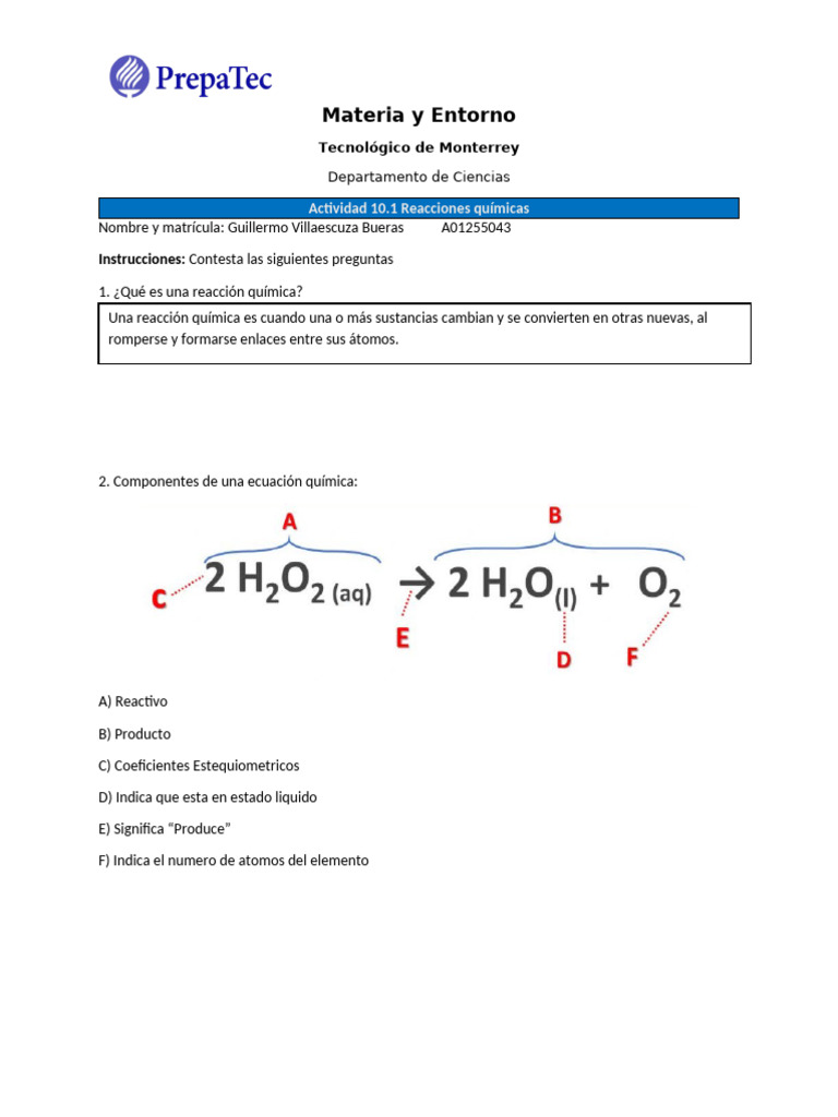 Actividad 10.1 Reacciones Químicas-1 | PDF | Métodos y materiales de enseñanza | Ciencia y ...