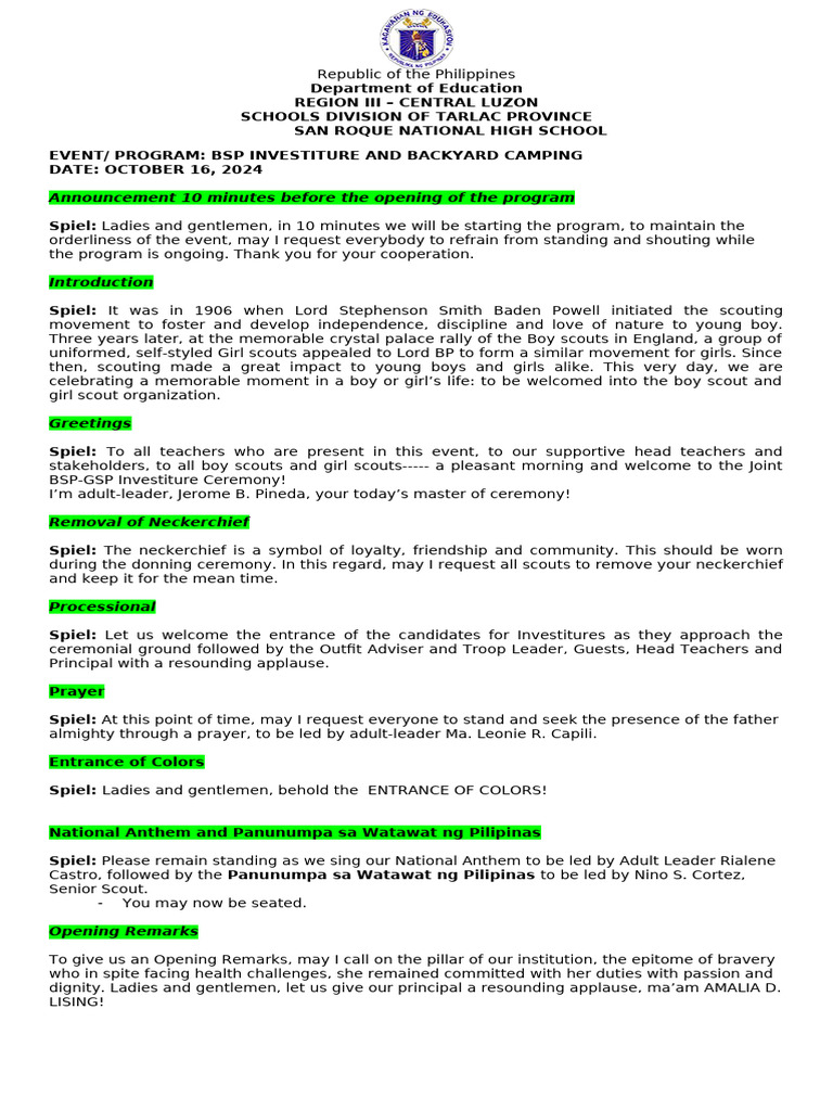Emcee Script - BSP Investiture and Backyard Camping | PDF | Scouting ...