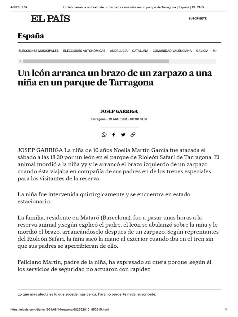 El País - Un León Arranca Un Brazo de Un Zarpazo A Una Niña en Un ...