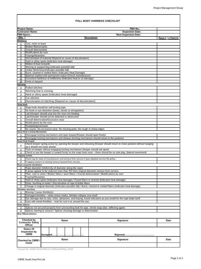 K049-Pic-Checklist For FULL BODY HARNESS | PDF | Rope | Wear