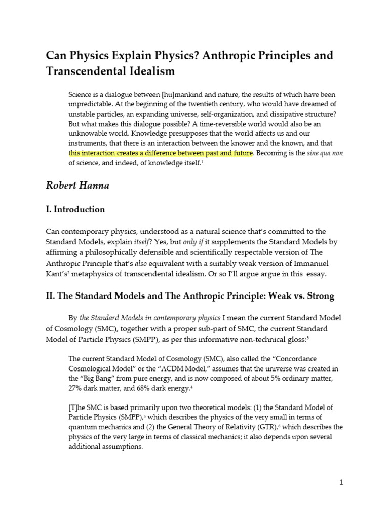 Hanna, R. (2020) Can Physics Explain Physics Anthropic Principles and ...