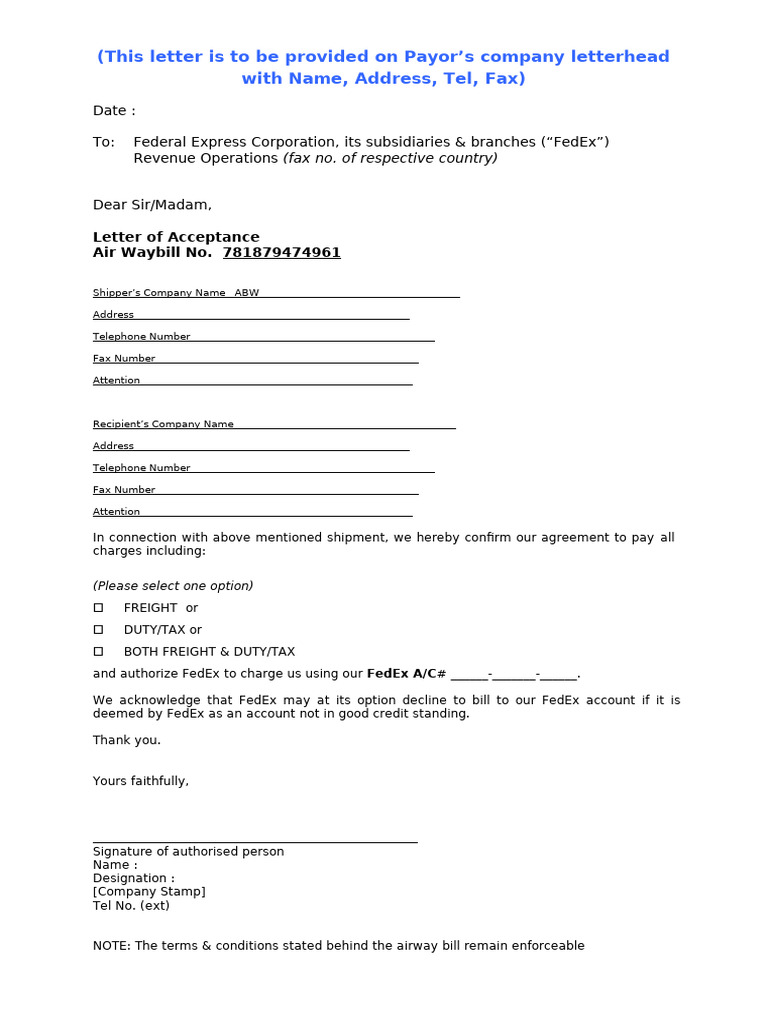 FedEx Letter of Acceptance Template | PDF | Business | Finance & Money ...
