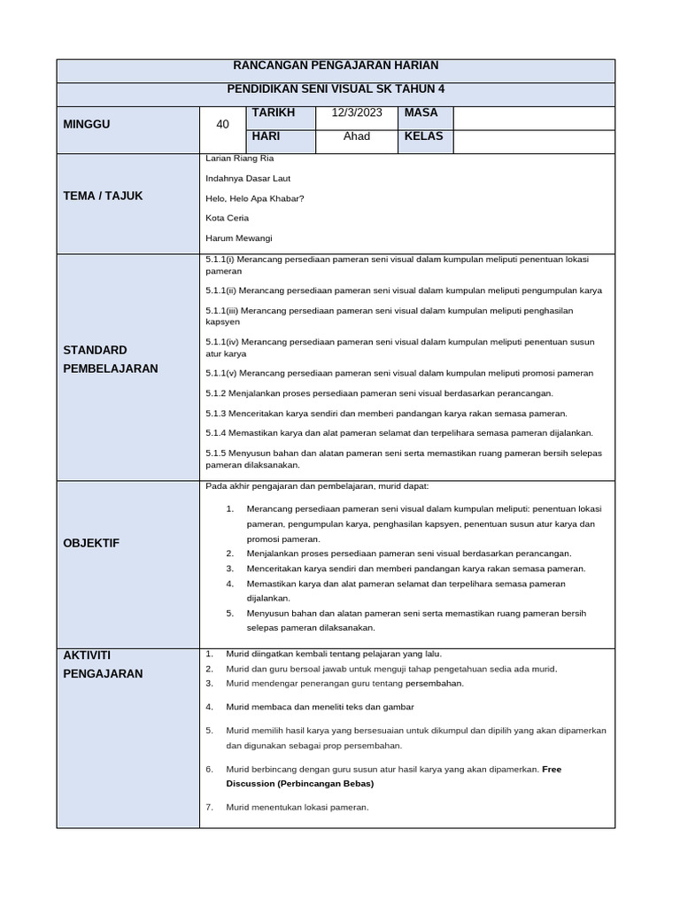 RPH Ringkas Minggu 40 PSV THN 4 by Cikgu Gorgeous | PDF | Karier ...