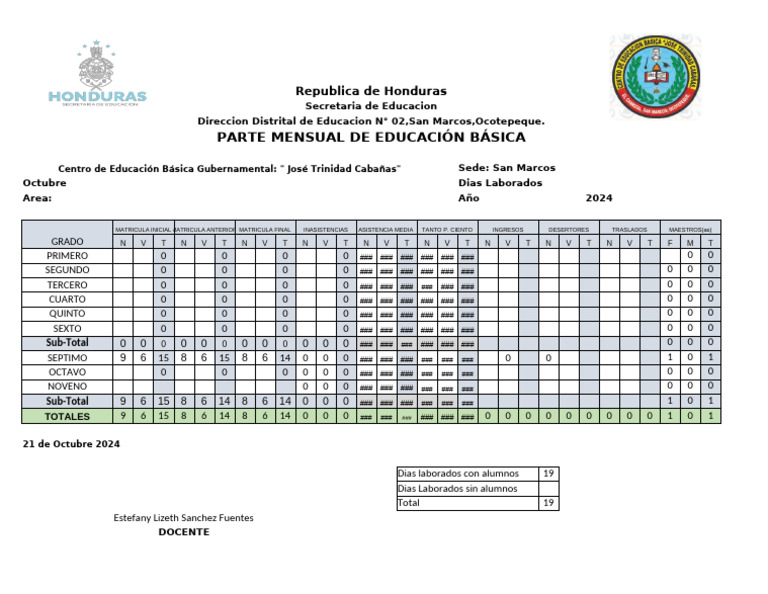 Parte Mensual Octubre Septimo Grado | PDF
