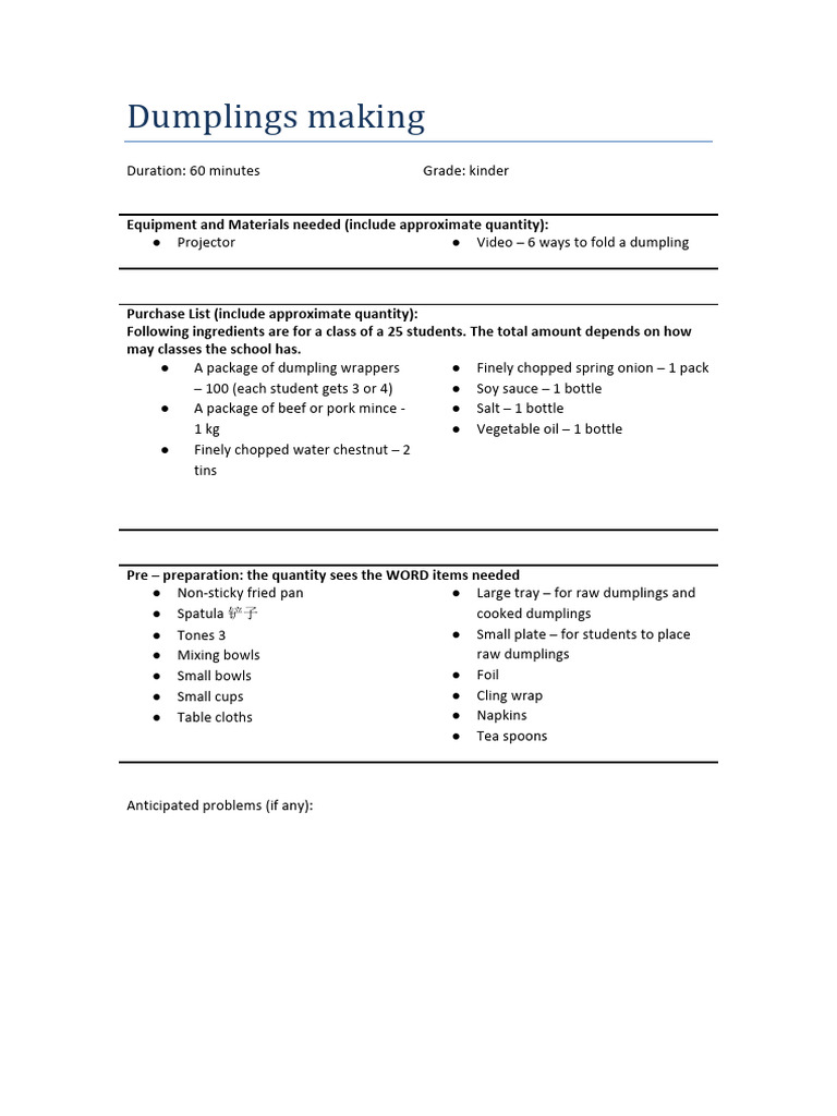 Dumplings Making Lesson Plan | PDF | Dumpling | Food And Drink Preparation
