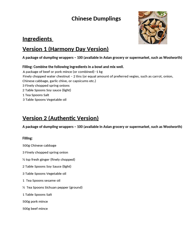 Chinese Dumplings Recipe | PDF | Western Cuisine | Food Ingredients