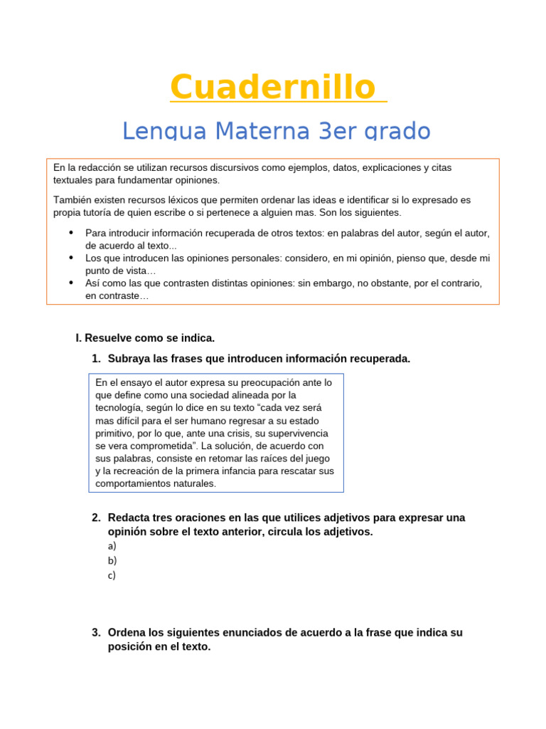 Cuadernillo 3r Grado. Trim 1 | PDF | Ensayos | Consumo (economía)