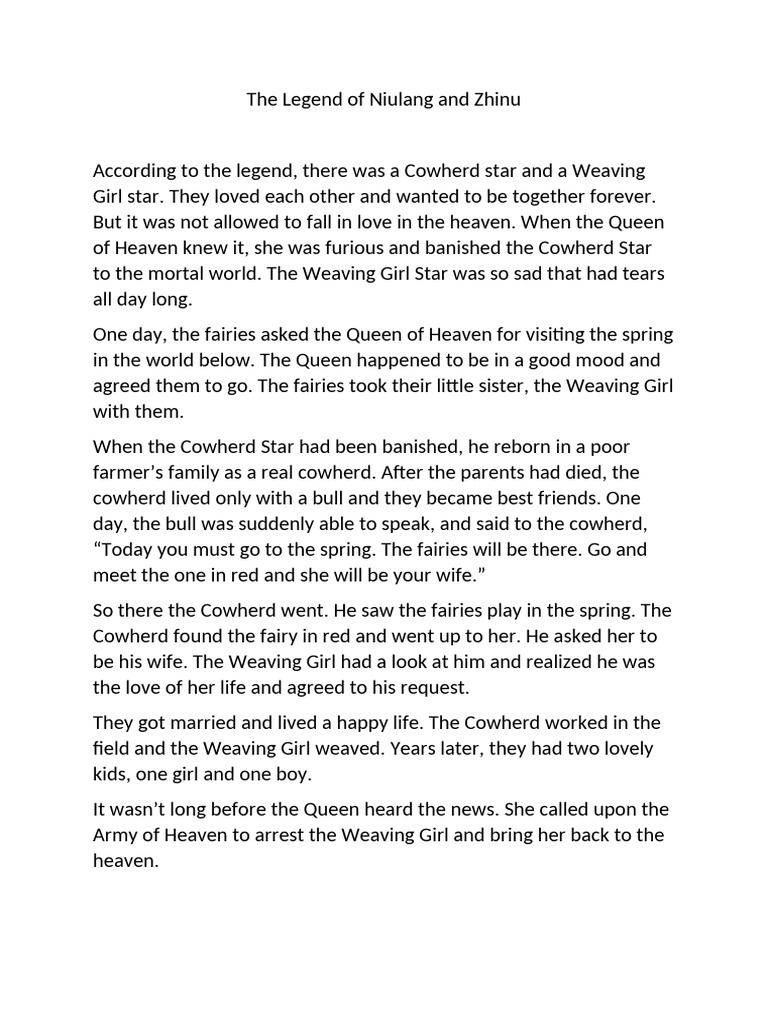 Story of Niulang and Zhinu | PDF | Fairy Tales | Traditional Stories