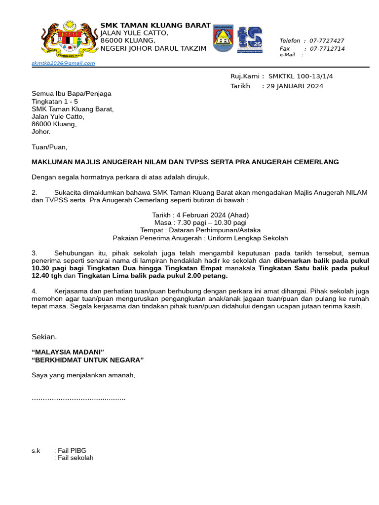 Surat Makluman Anugerah Nilam Dan TVPSS Serta Pra Anugerah Cemerlang | PDF