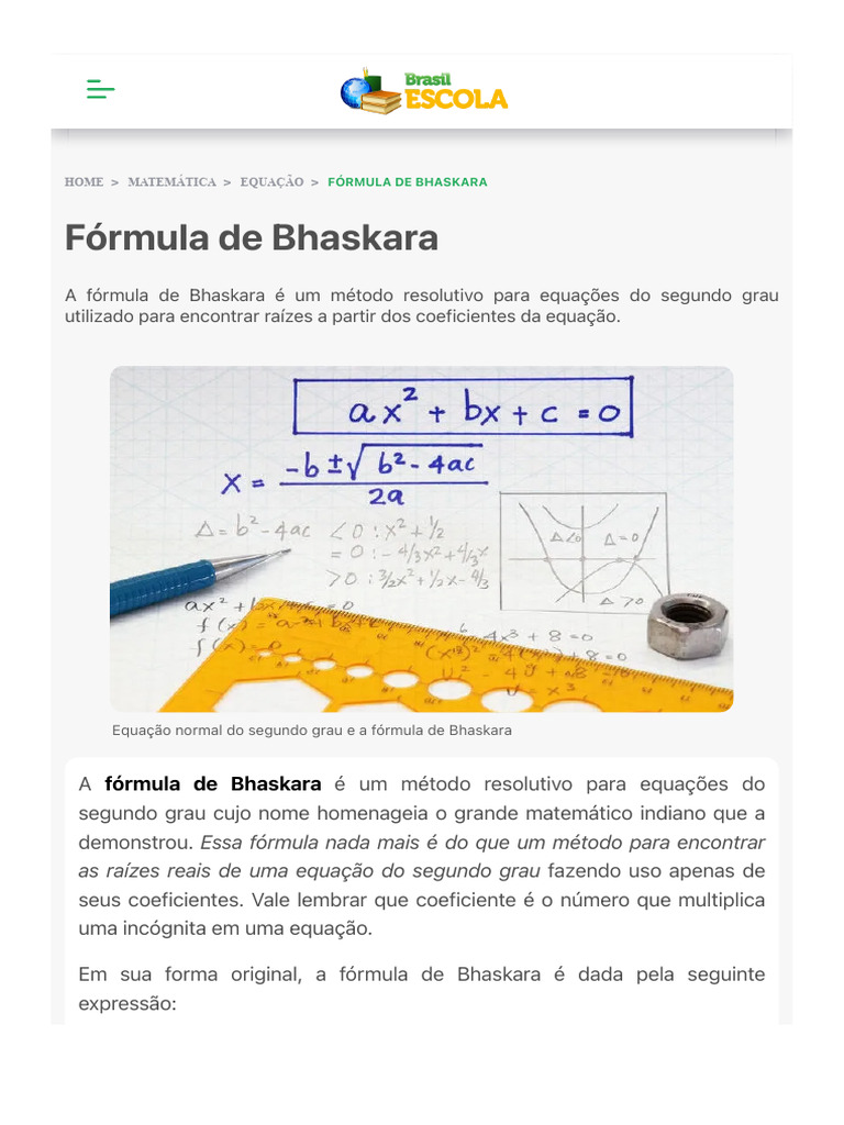 Fórmula de Bhaskara - Brasil Escola | PDF | Equação quadrática | Equações