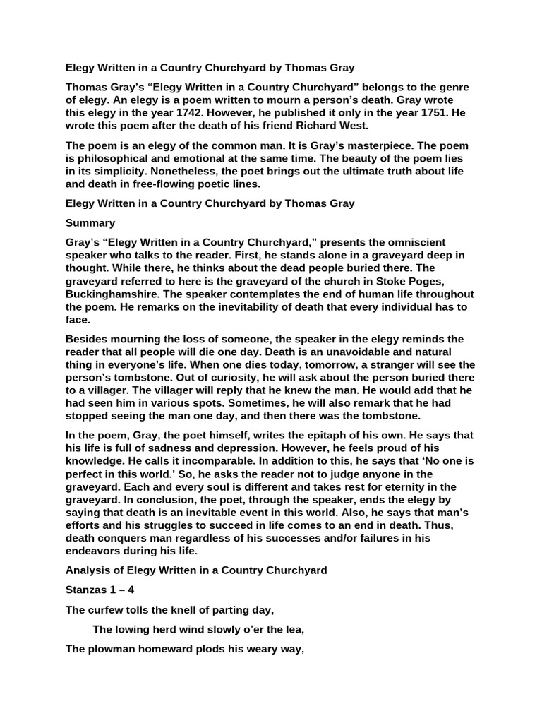 Elegy Written in A Country Churchyard by Thomas Gray | PDF | Poetry