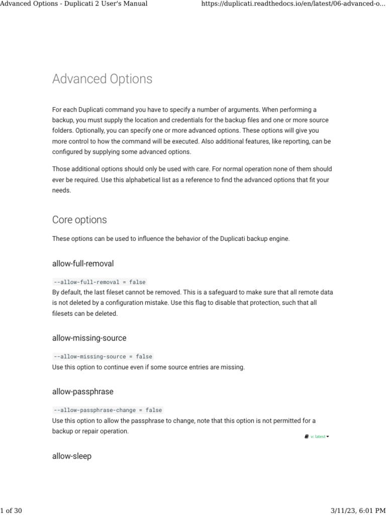 Advanced Options - Duplicati 2 User's Manual | PDF | Backup | Command Line Interface