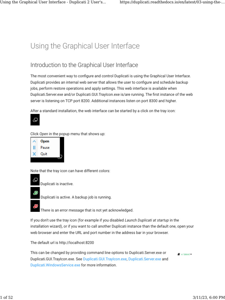Using The Graphical User Interface - Duplicati 2 User's Manual | PDF | Backup | Menu (Computing)