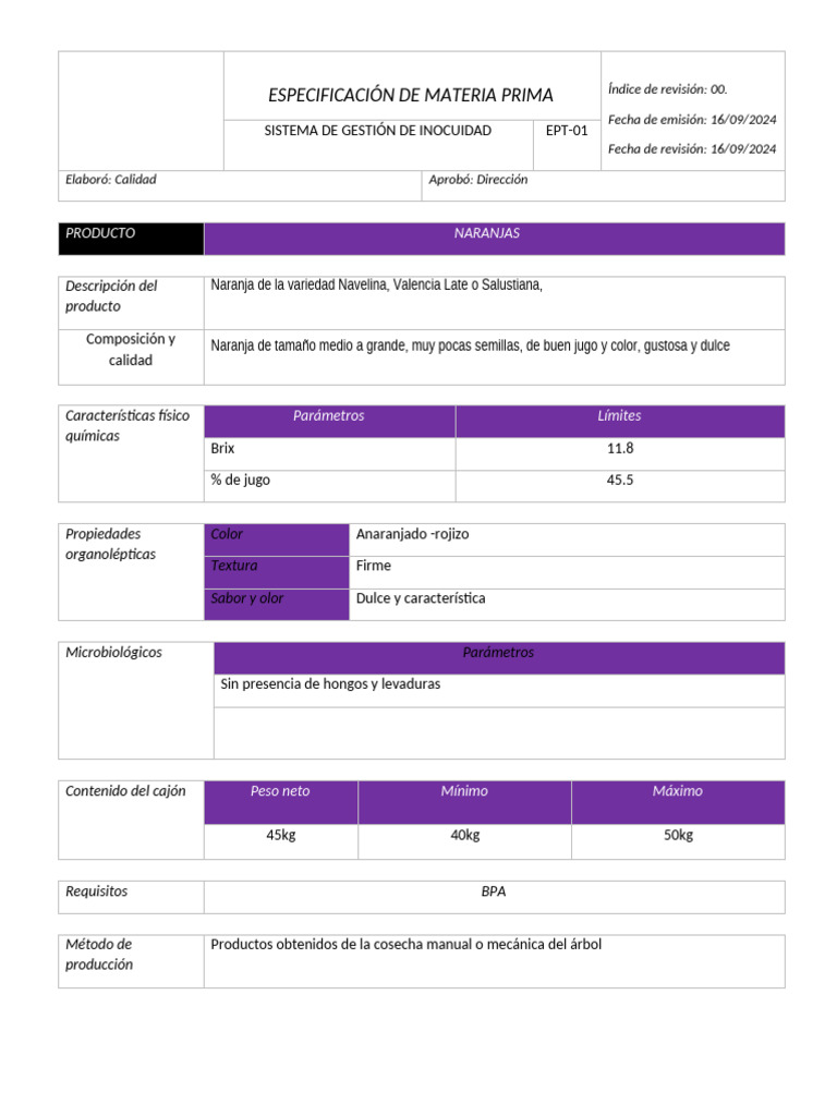 Especificaciones de Materia Prima | PDF | Naranja) | Alimentos