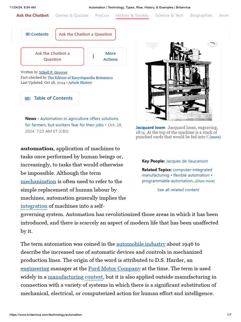 Automation - Technology, Types, Rise, History, & Examples - Britannica | PDF | Automation | Machines