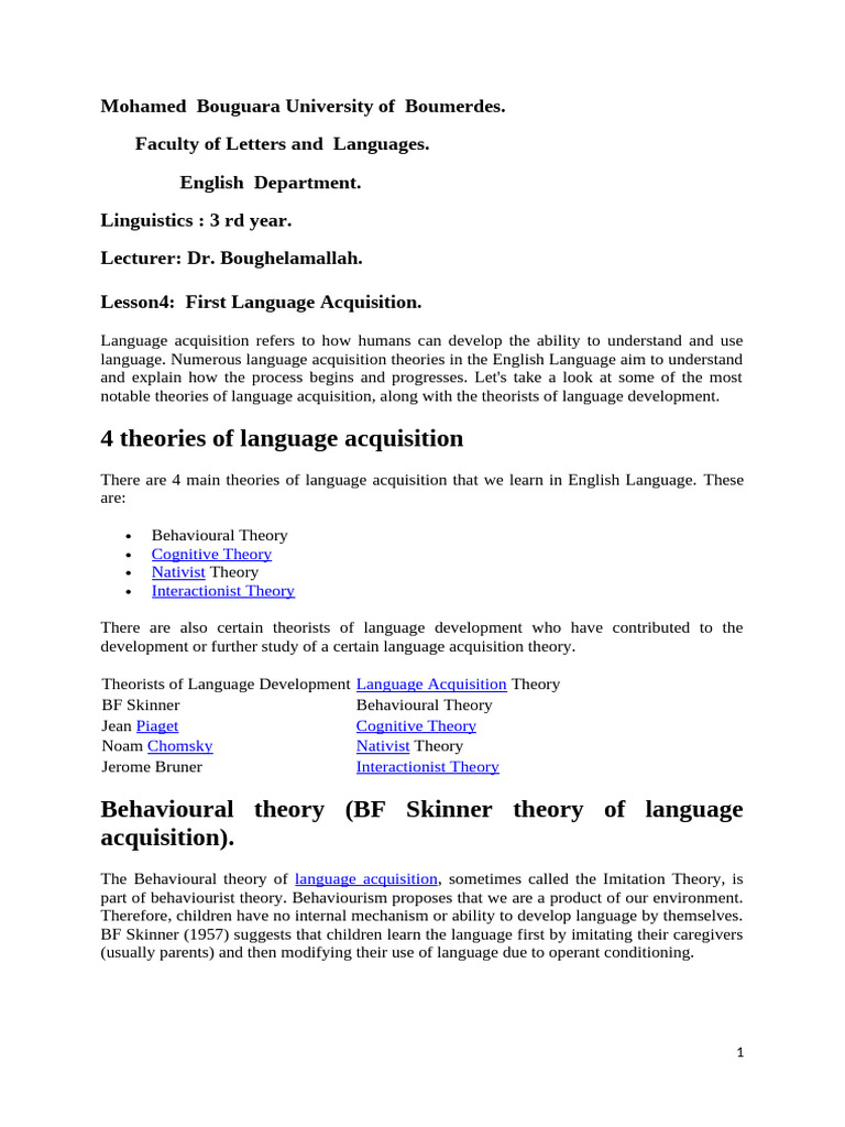 Lecture 04 First Language Acquisition | PDF | Language Acquisition ...