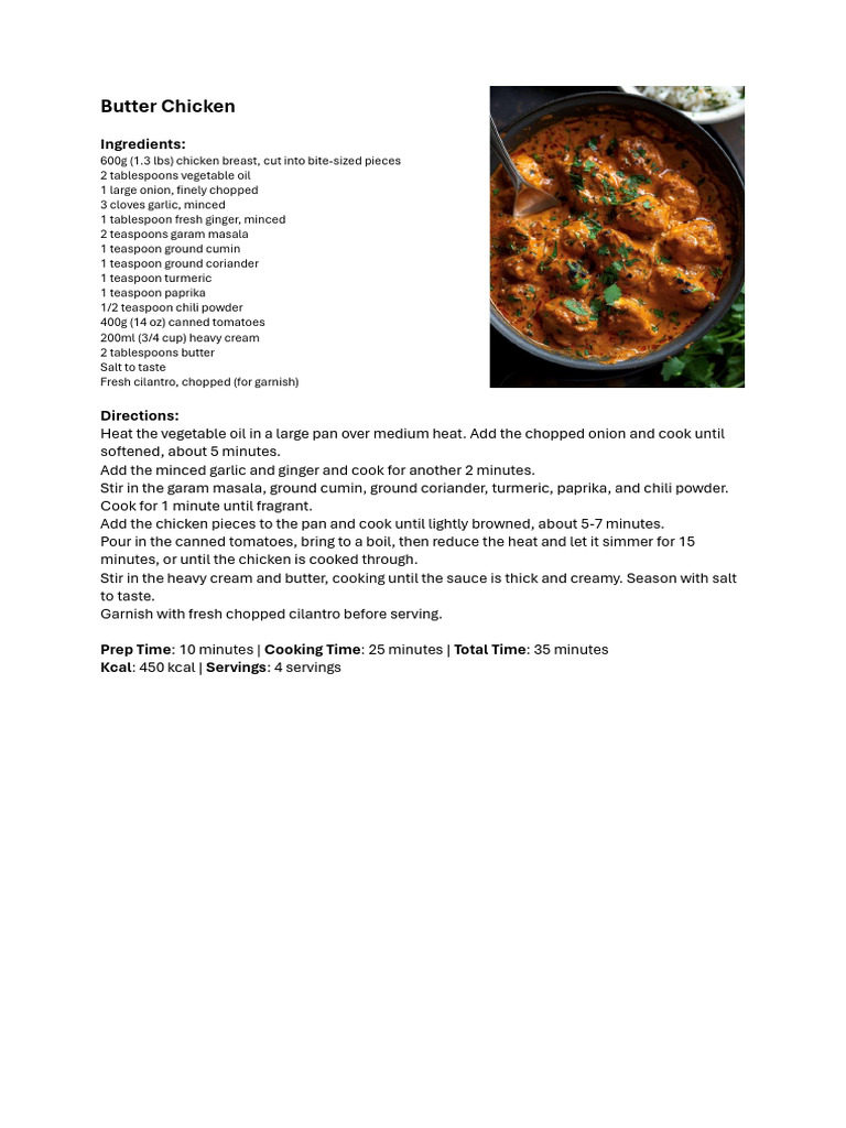 Recipe - Butter Chicken | PDF