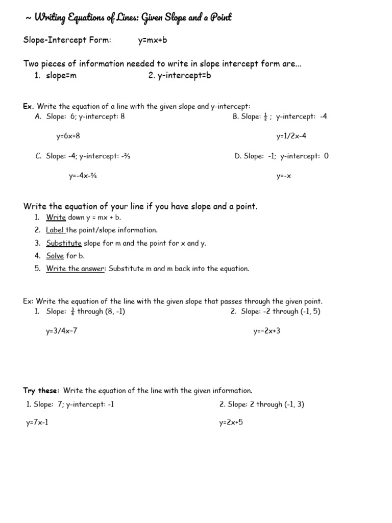 Writing Equations of Lines Given Slope and A Point | PDF | Slope ...