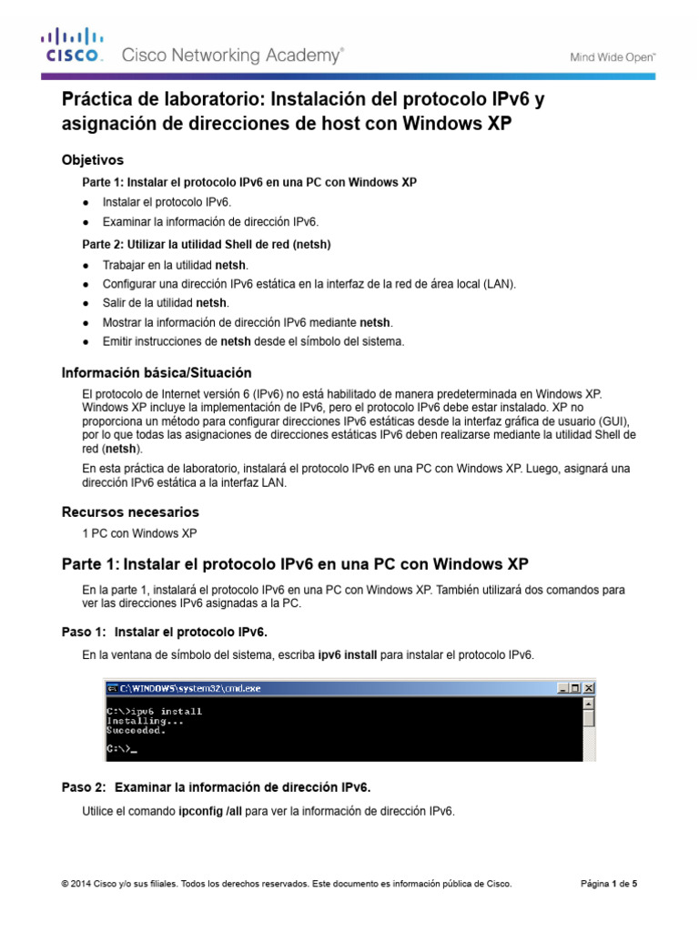 0.0.0.2 Lab - Installing The IPv6 Protocol With Windows XP | PDF | Yo Pv6 | Microsoft Windows