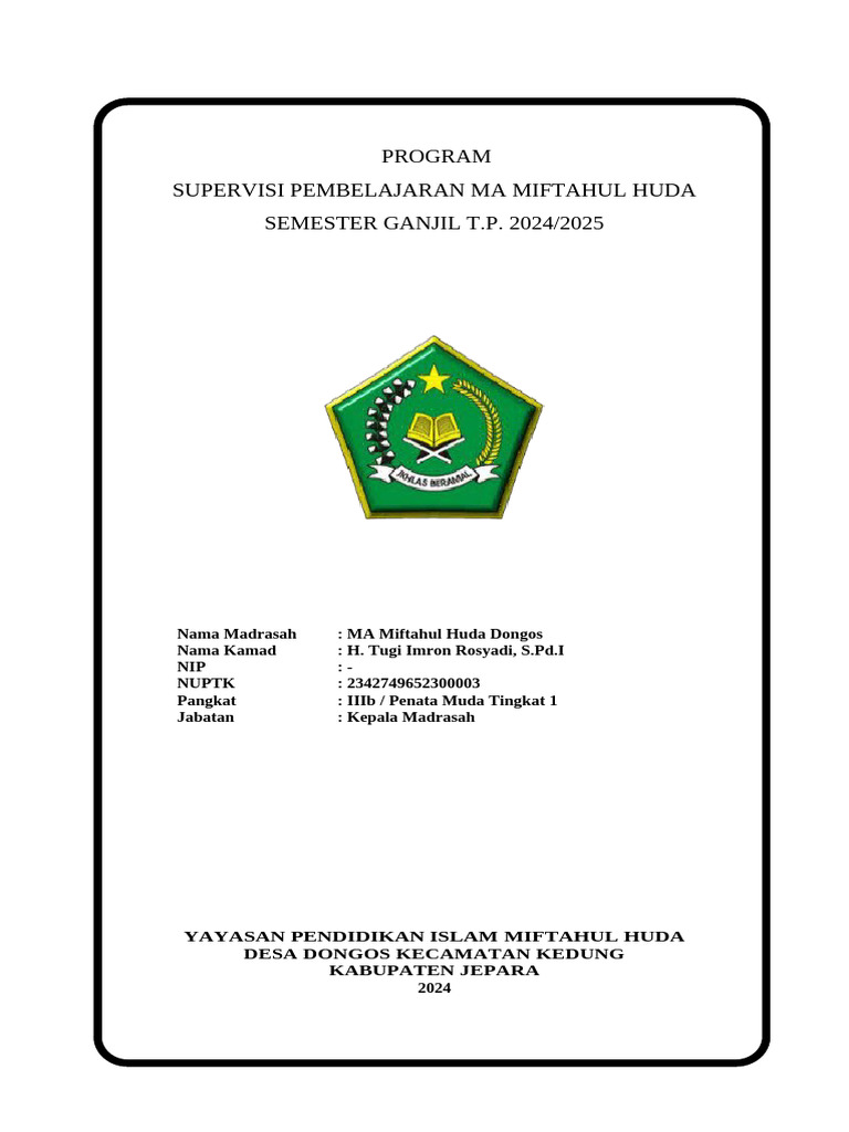 Program Supervisi Pembelajaran Ma Miftahul Huda Dongos Semester Gasal TP 2024-2025 | PDF