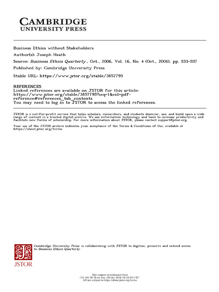 Business Ethics Without Stakeholders | PDF