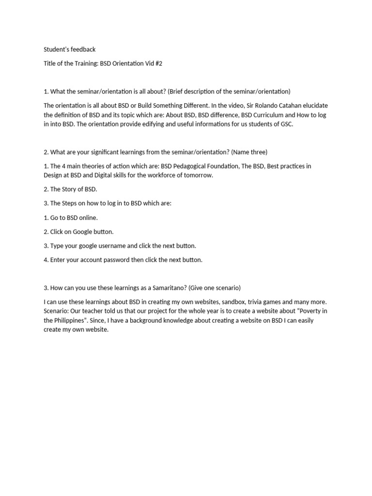 BSD Orientation Insights and Learnings | PDF