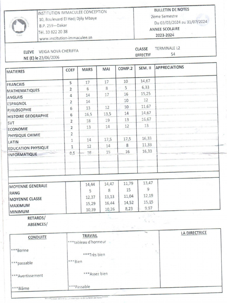 Bulletin de Notes TL 2em Semestre | PDF