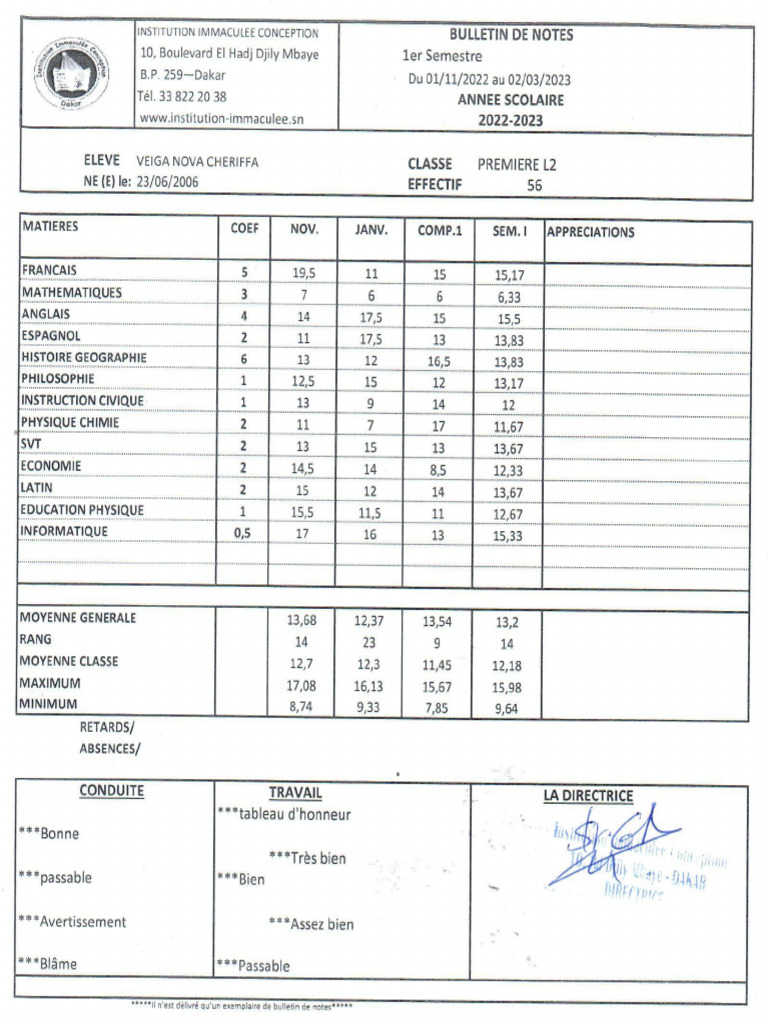 Bulletin de Notes Premiere 1er Semestre | PDF