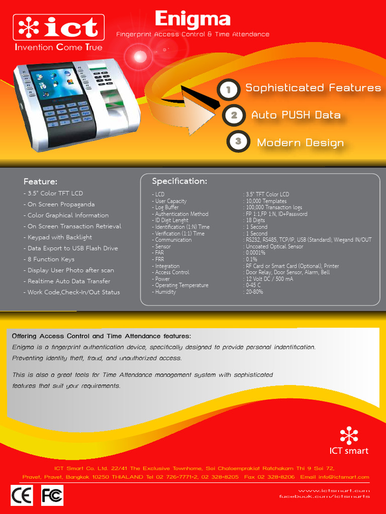 ICT Enigma Finger Scan Access Control Time Attendance en | PDF | Access ...