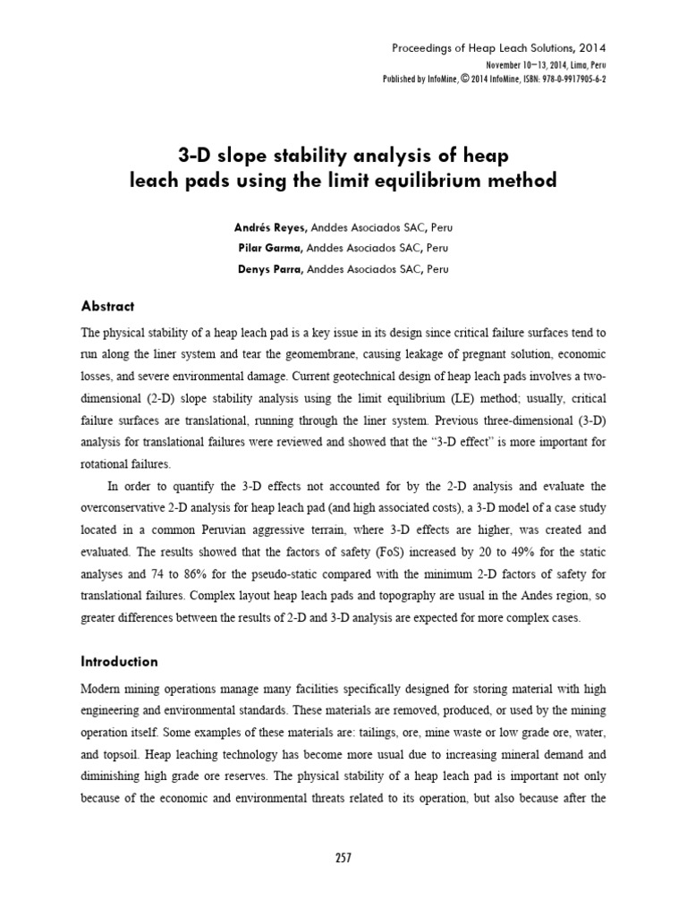 2014 - 3D Slope Stability Analysis of Heap Using The Limit Equilibrium Method - Reyes Et Al ...
