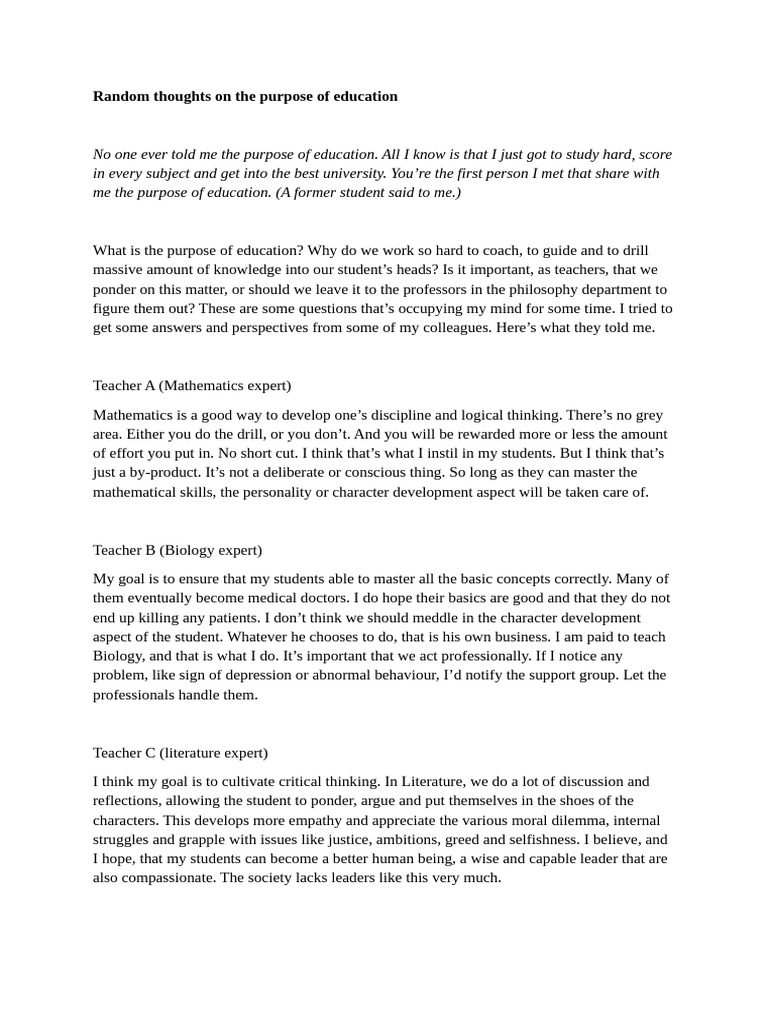 Random Thoughts On The Purpose of Education | PDF | Thought | Cognition