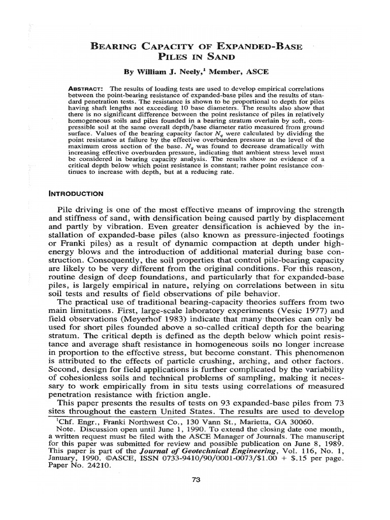 1990 - Bearing Capacity of Expanded Base Piles in Sand - Neely | PDF ...