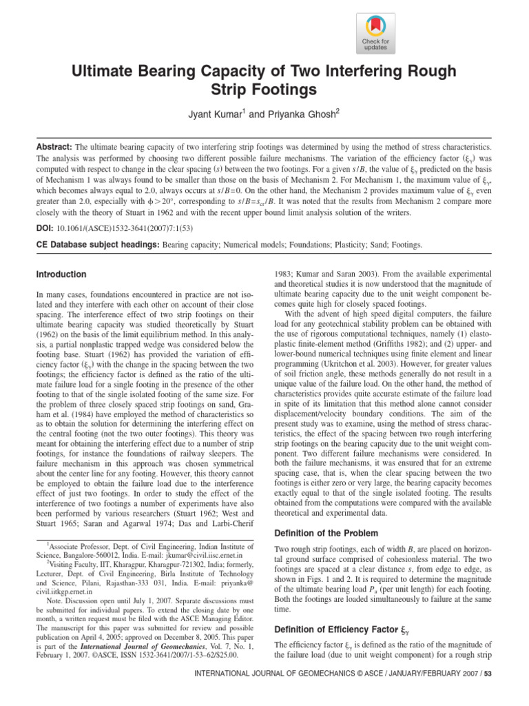 2007 - Ultimate Bearing Capacity of Two Interfering Rough Strip Footings - Kumar & Ghosh | PDF ...