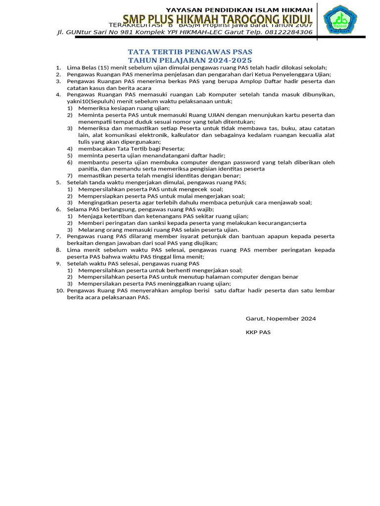 Tata Tertib Pengawas Psas 2024 | PDF