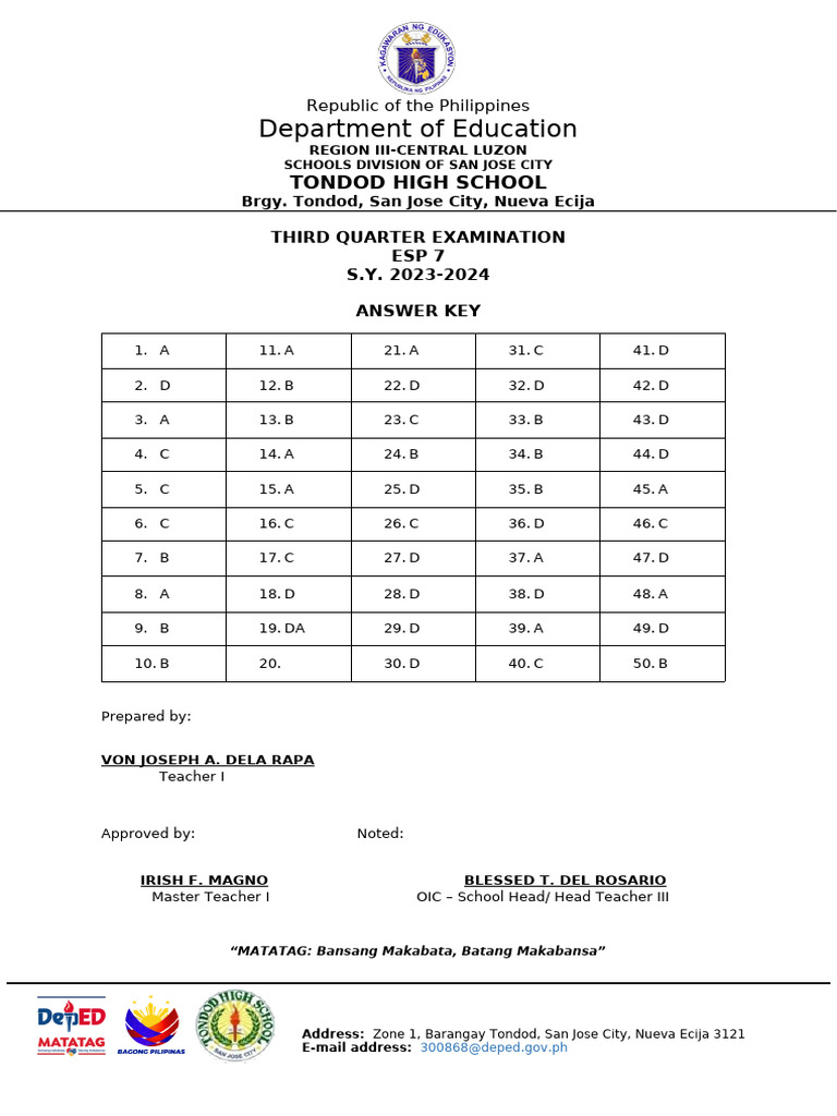 ESP 7 3rd Quarter Exam Answer Key | PDF