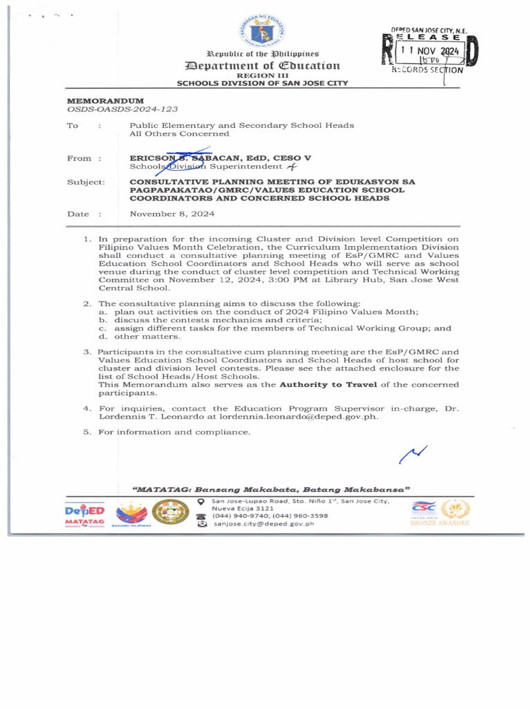 Memo Sdo Cid 2024 123 Consultative Planning Meeting of Edukasyon20241111 | PDF