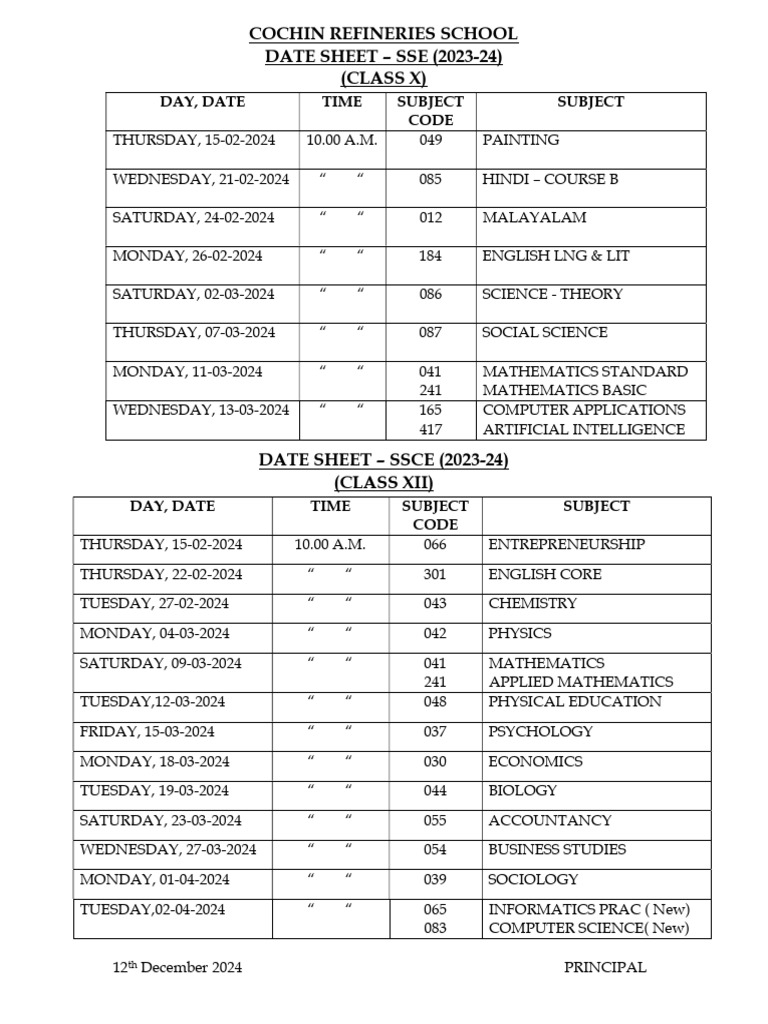 Cbse Date Sheet 2023-24 | PDF