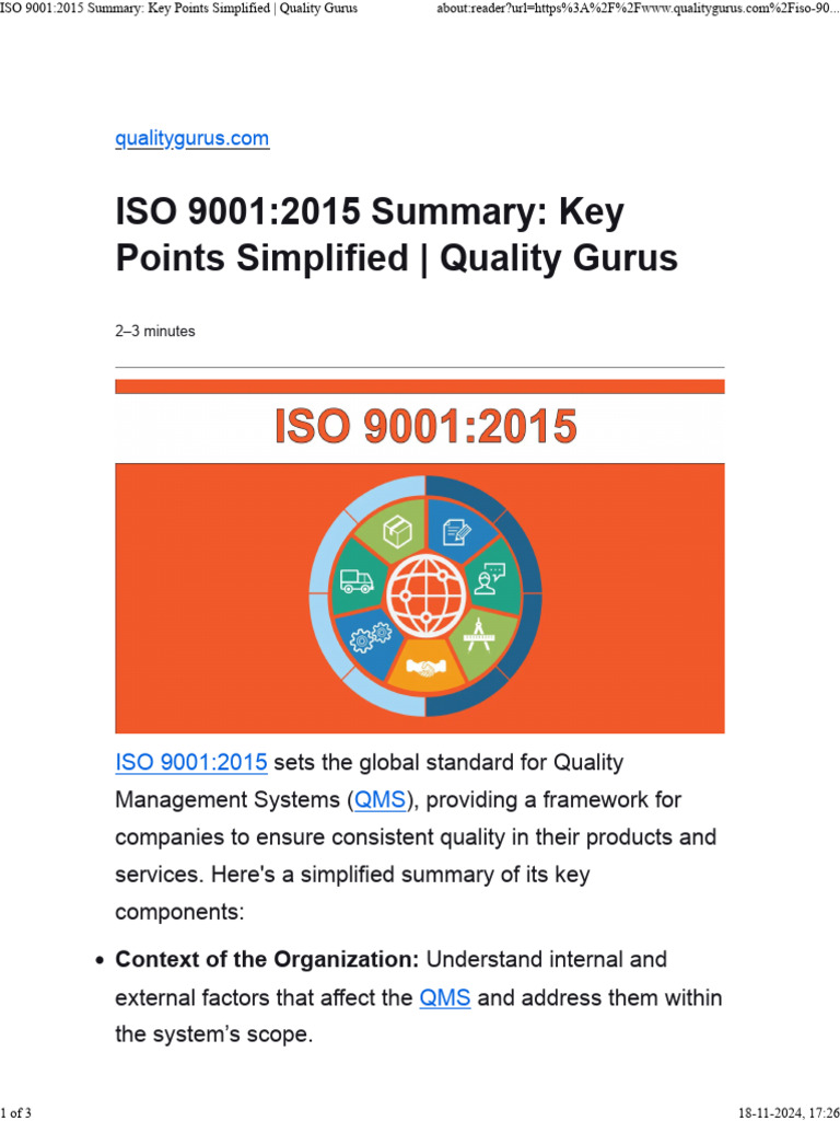 ISO 9001 - 2015 Summary - Key Points Simplified - Quality Gurus | PDF | Quality Management ...