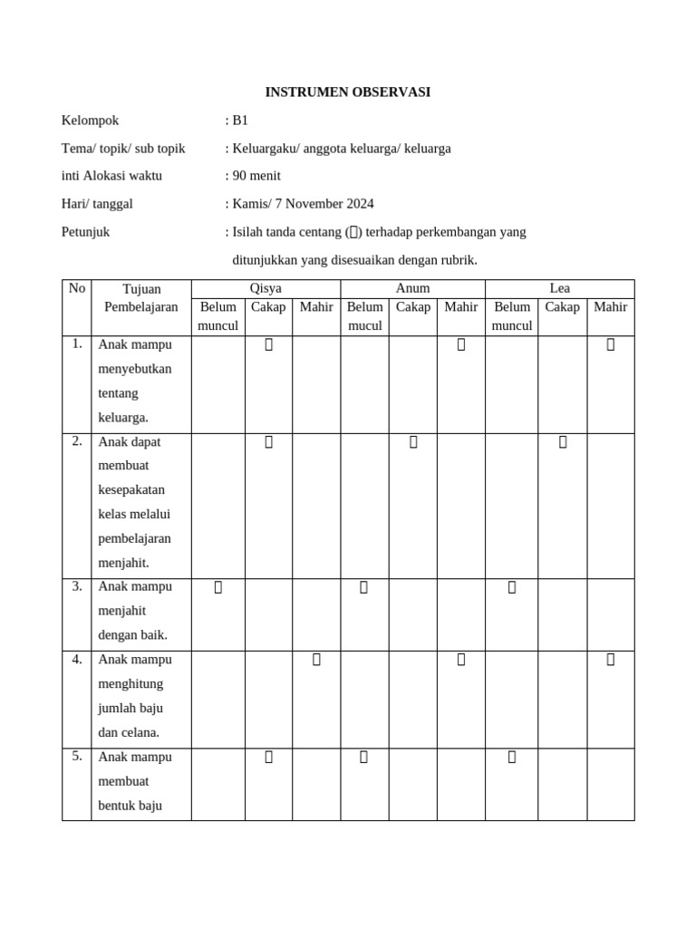 INSTRUMEN OBSERVASI Bu Erni | PDF | Karier & Perkembangan
