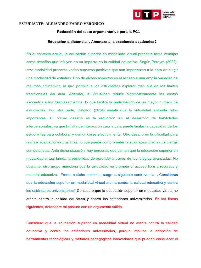 5 - Texto Argumentativo - PC1 - Redac 1 - Tarea | PDF | Aprendizaje | Educación más alta