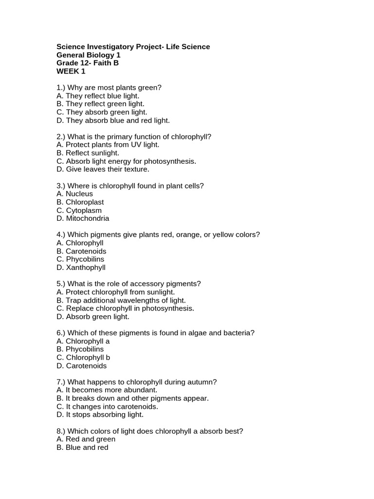 Grade 12 Biology: Plant Pigments Quiz | PDF | Photosynthesis | Chlorophyll