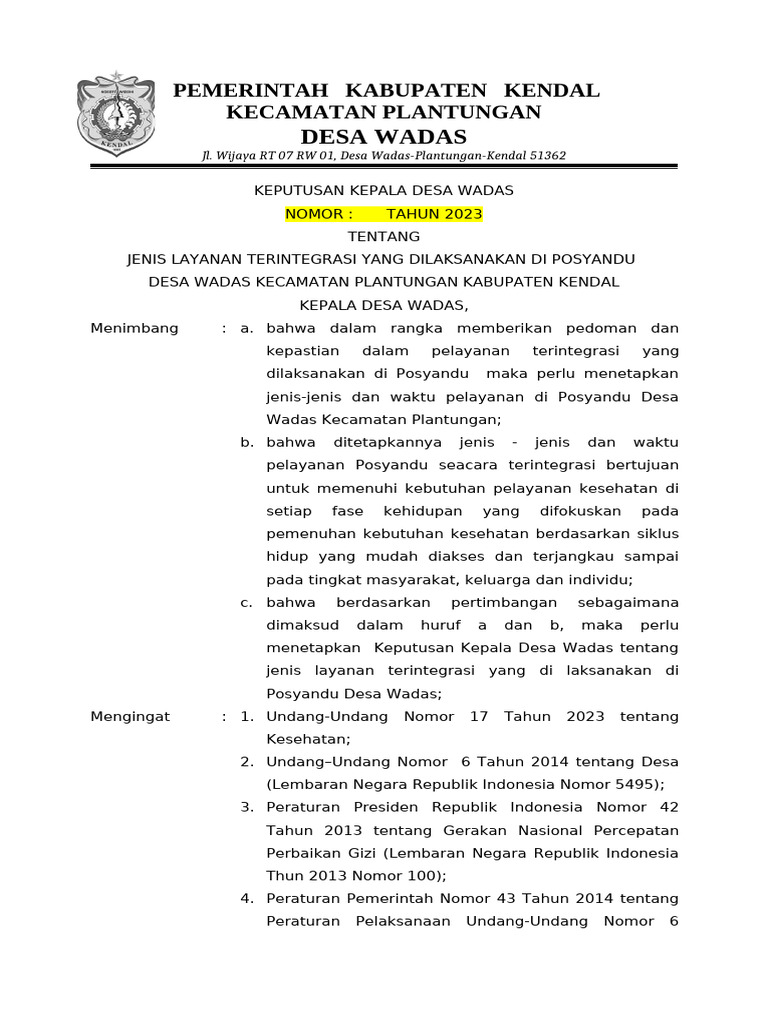 Wadas. SK Jenis Pelayanan Terintegrasi Yang Dilaksanakan Diposyandu | PDF