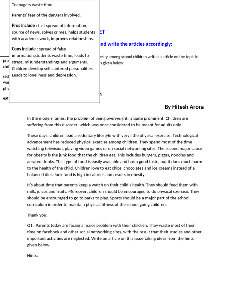 ARTICLE WRITING WORKSHEET-WPS Office | PDF | Obesity | Sedentary Lifestyle