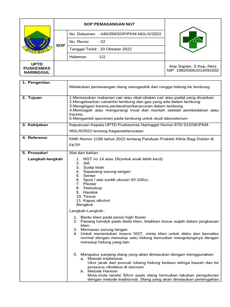 Sop Pemasangan NGT | PDF | Griya & Taman | Kesehatan Holistik