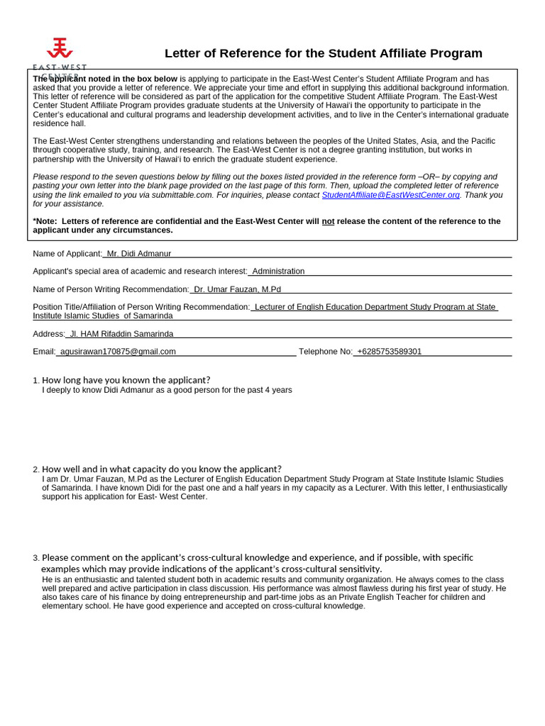 Student Affliate Program Letter of Reference Form | PDF | Career ...