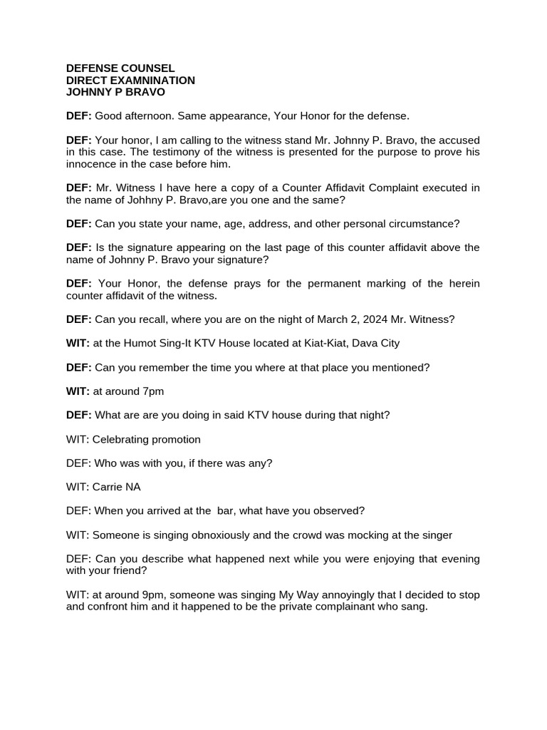 Direct Exam Accused Defense Counsel | PDF