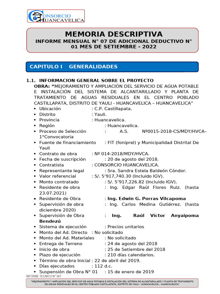 Memoria Descriptica - Setiembre 2022 | PDF | Tubería (transporte de fluidos) | Alcantarillado