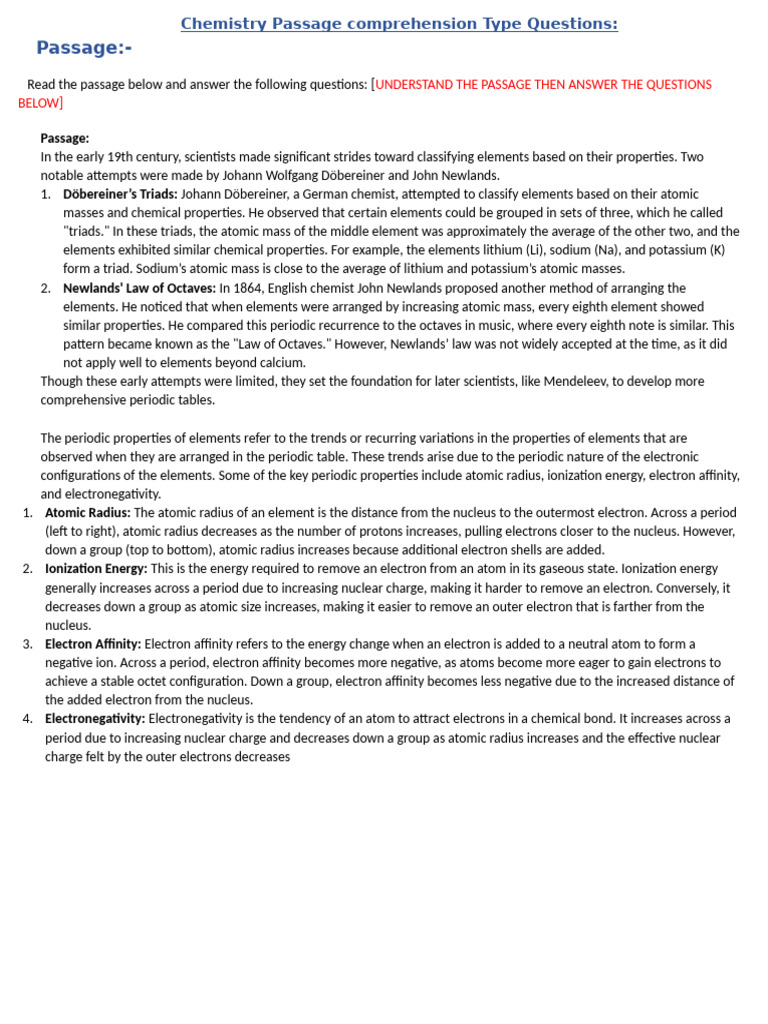 Chemistry Passage Comprehension Type Questions | PDF | Ion | Atoms