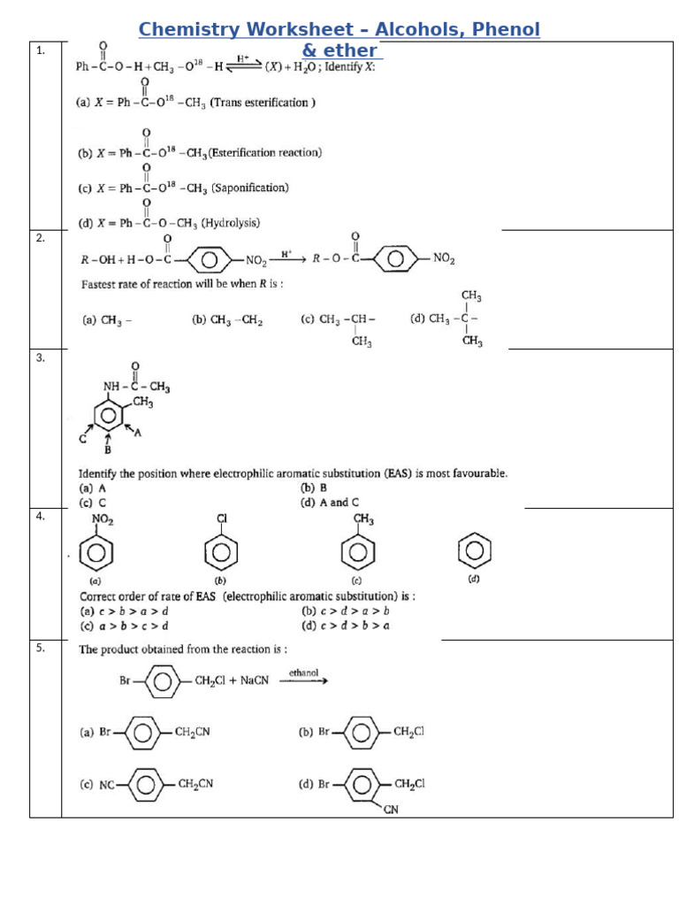 Chemistry Worksheet-Alcohols | PDF