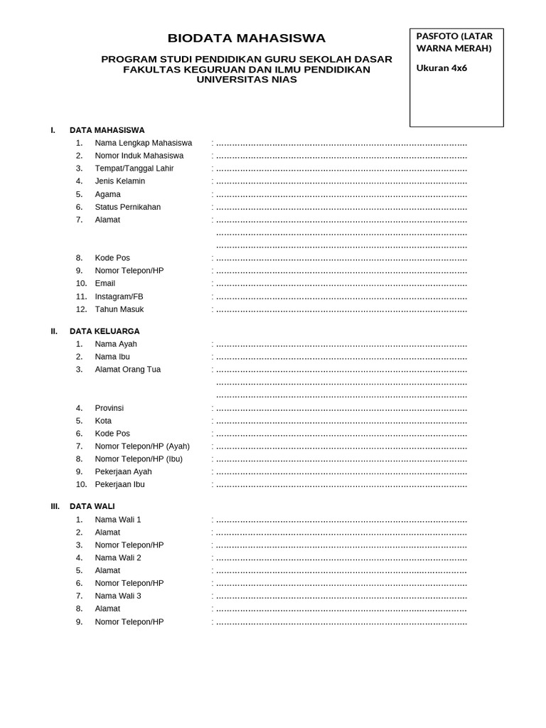 Form Biodata Mahasiswa 1 | PDF